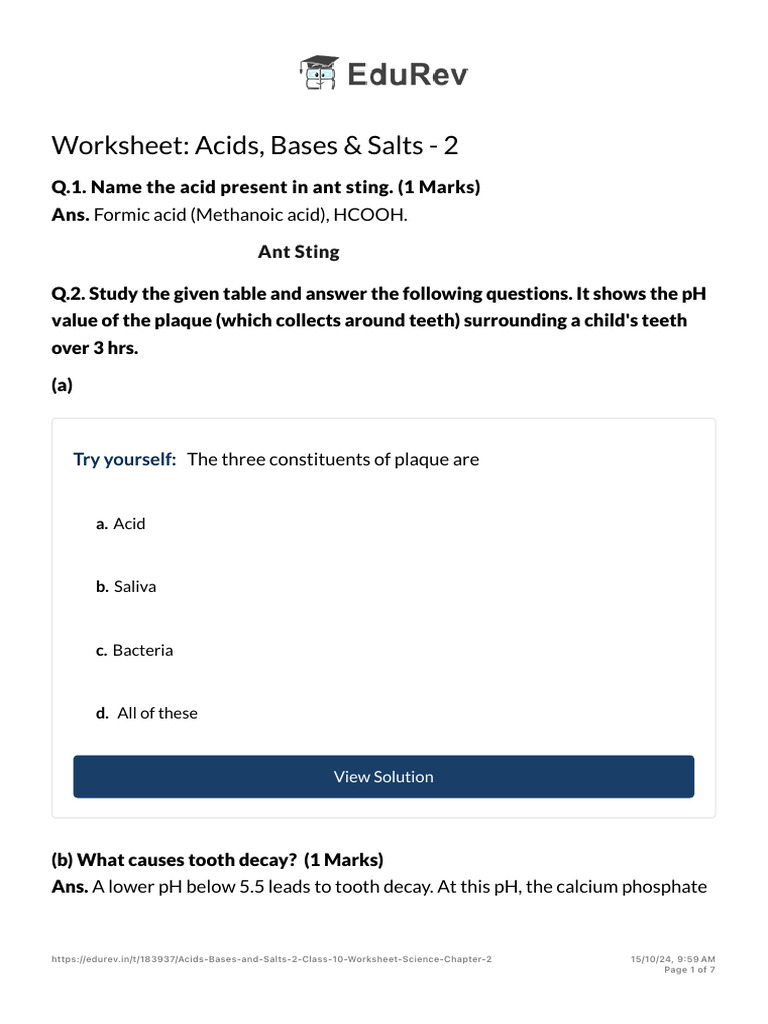 Acids, Bases and Salts - 2 Class 10 Worksheet Science Chapter 2 | PDF