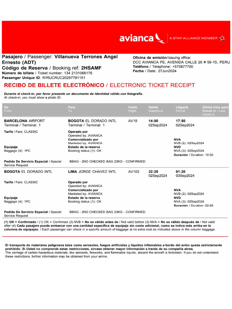 Electronic Ticket Avianca Naileth Andreina X 2 | PDF