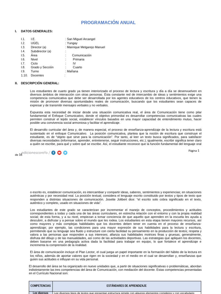 Programación Anual 4.° - P | PDF
