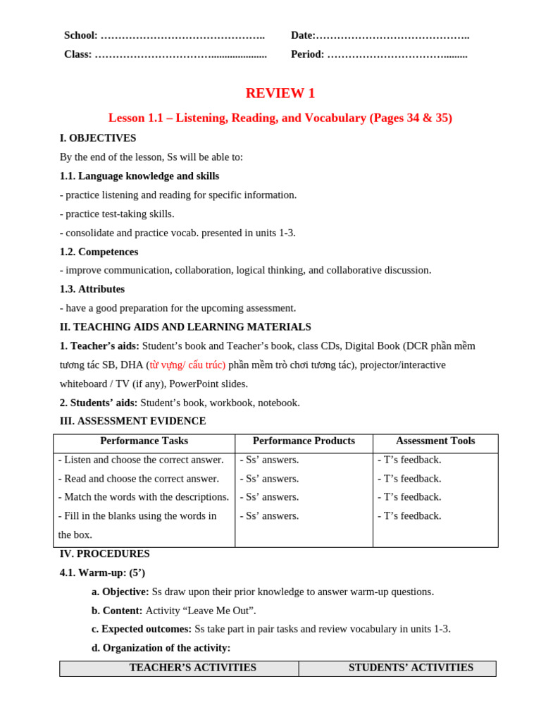 Review 1 - Lesson 1.1 - Listening, Reading & Vocabulary - Pages 34 & 35 ...