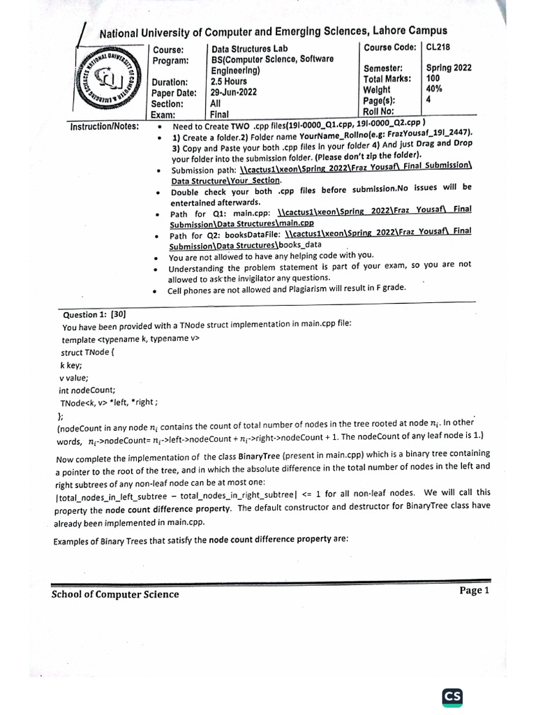 Data Structures Lab Finals Fall Spring 2022 | PDF