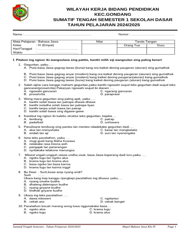 Soal STS B.Jawa Kls 4 | PDF