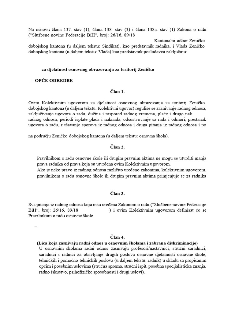 Kolektivni Ugovor Osnovno Obrazovanje | PDF