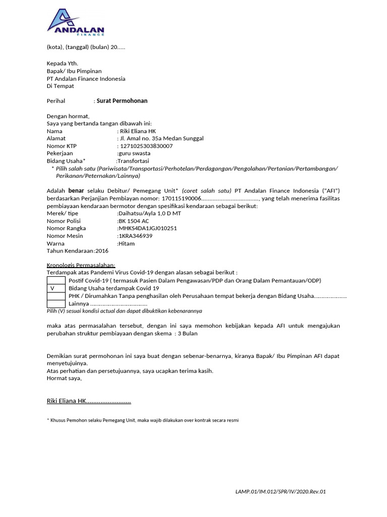 LAMP01 IM.012 SPR IV 2020 Rev01 - Surat Permohonan Restrukturisasi | PDF