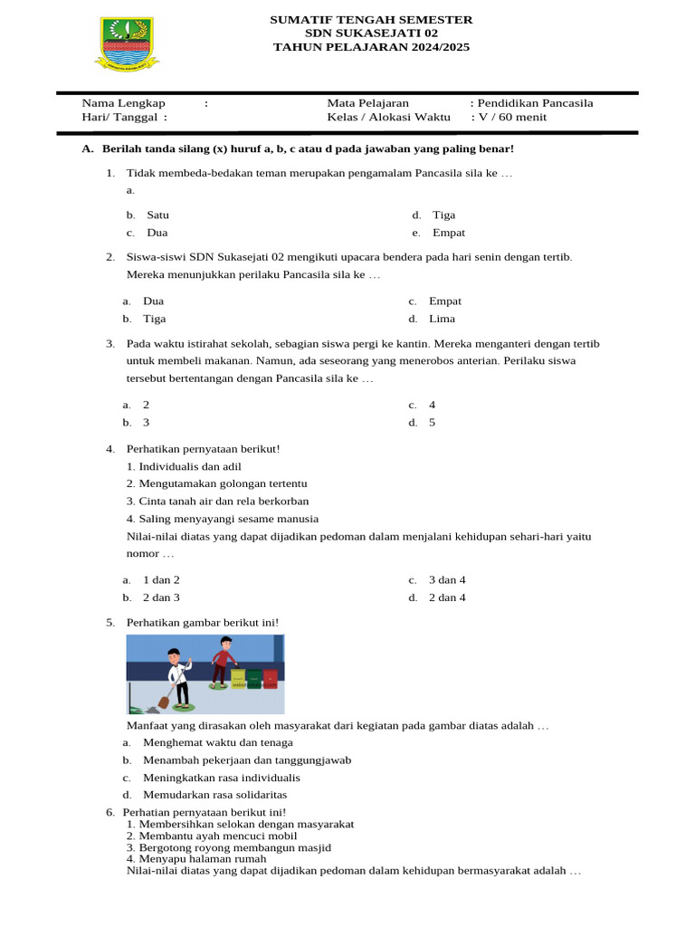 Soal STS 1 PPKN Kelas 5 | PDF