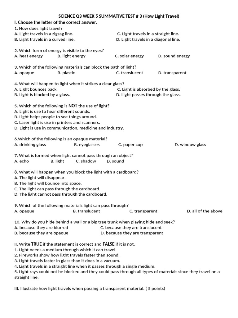 SUMMATIVE TEST # 3 and 4 (How Light and Sound Travel) | PDF