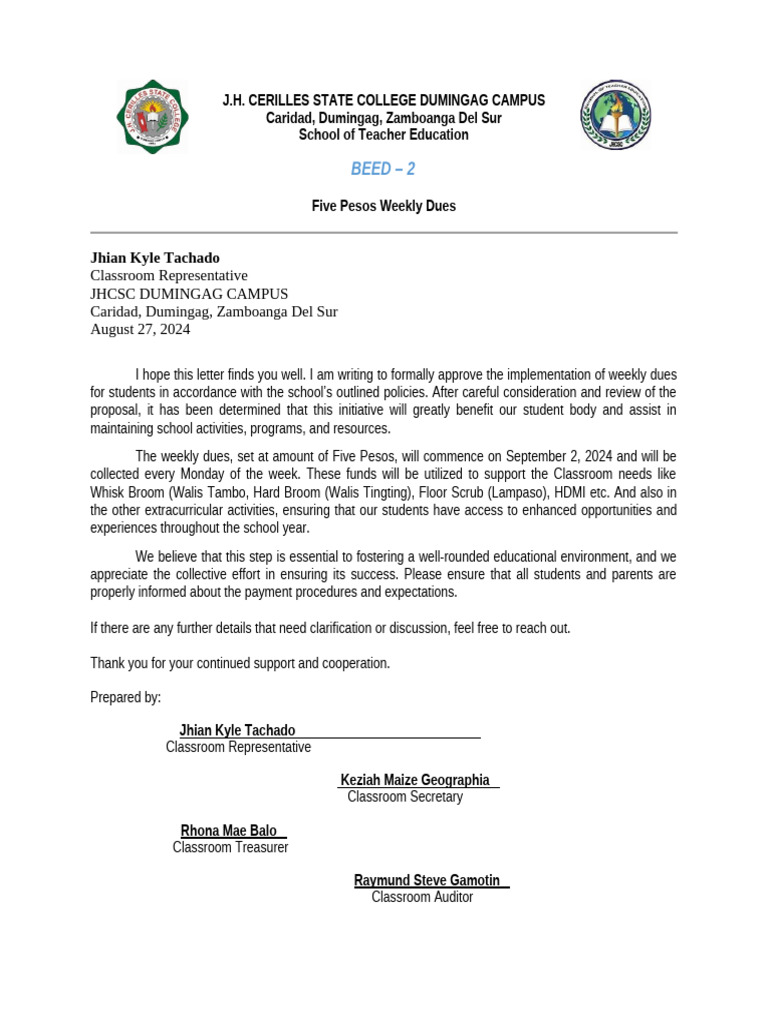 Approval Letter in Weekly Dues | PDF