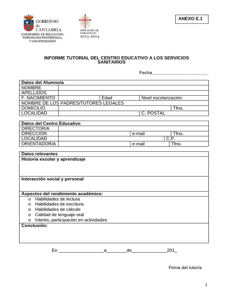 Anexo E.1 Modelo Informe Tutorial Centro Educativo A Servicios Sanitarios | PDF
