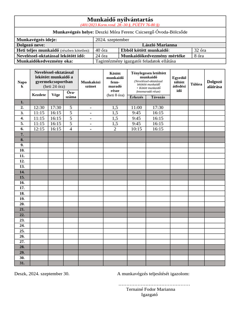 Munkaidő Nyilvántartás 2024.szept. | PDF