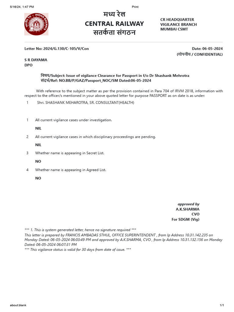 Central Railway: Approved by | PDF
