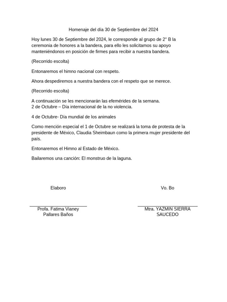 Ejemplo Homenaje Escolar Preescolar Pdf