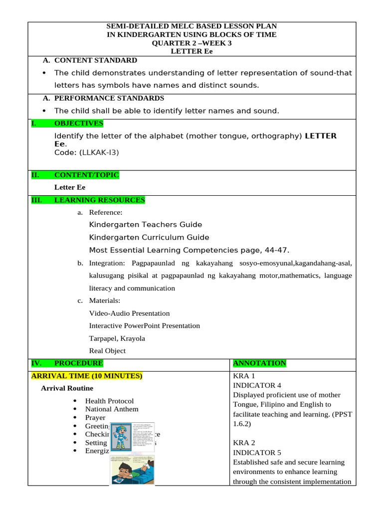 BLOCKS OF TIME COT Q2 WEEK 3 Letter Ee LESSON PLAN-TAGALOG STORY | PDF