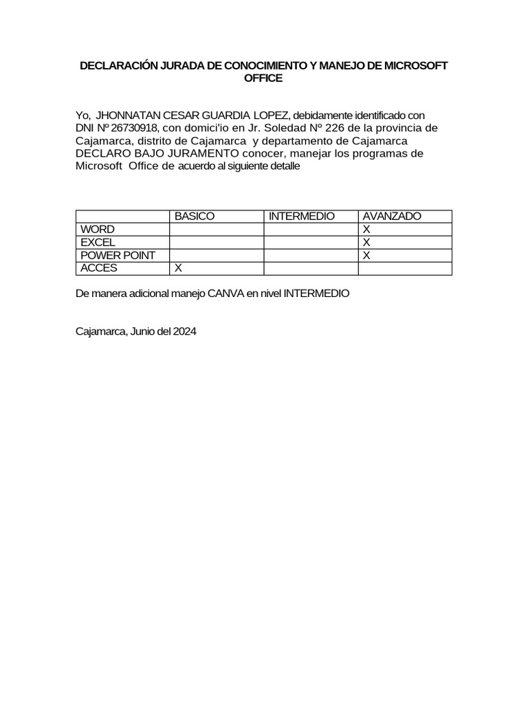 Declaración Jurada de Conocimiento y Manejo de Microsoft Office | PDF