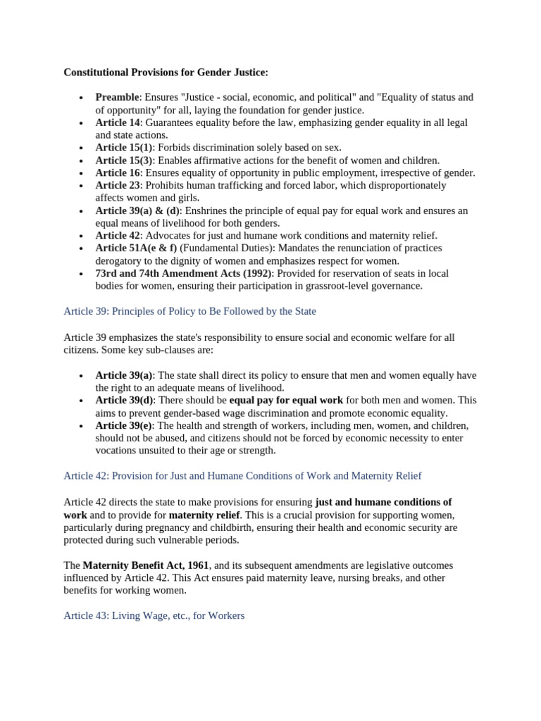 Constitutional Provisions For Gender Justice | PDF | Woman | Equal Pay ...