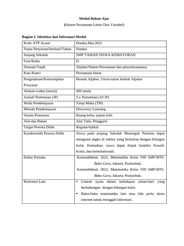 Modul Ajar Bab 2.1 Sistem Persamaan Linear Dua Variabel | PDF