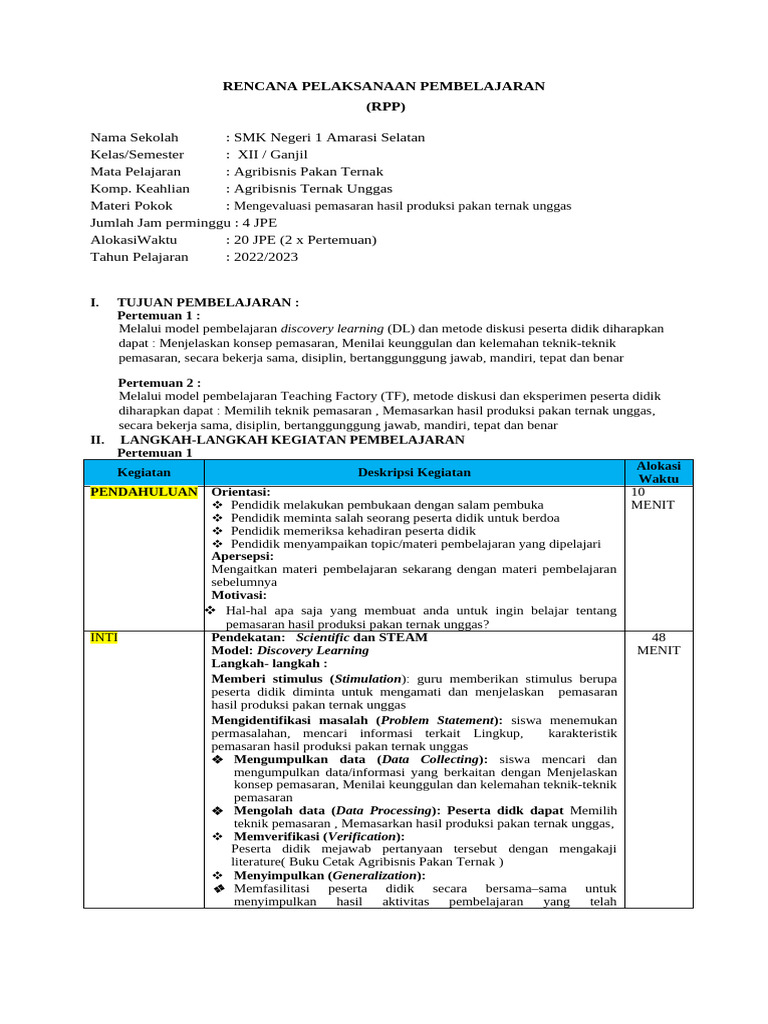 Rencana Pelaksanaan Pembelajaran (RPP) : Discovery Learning | PDF