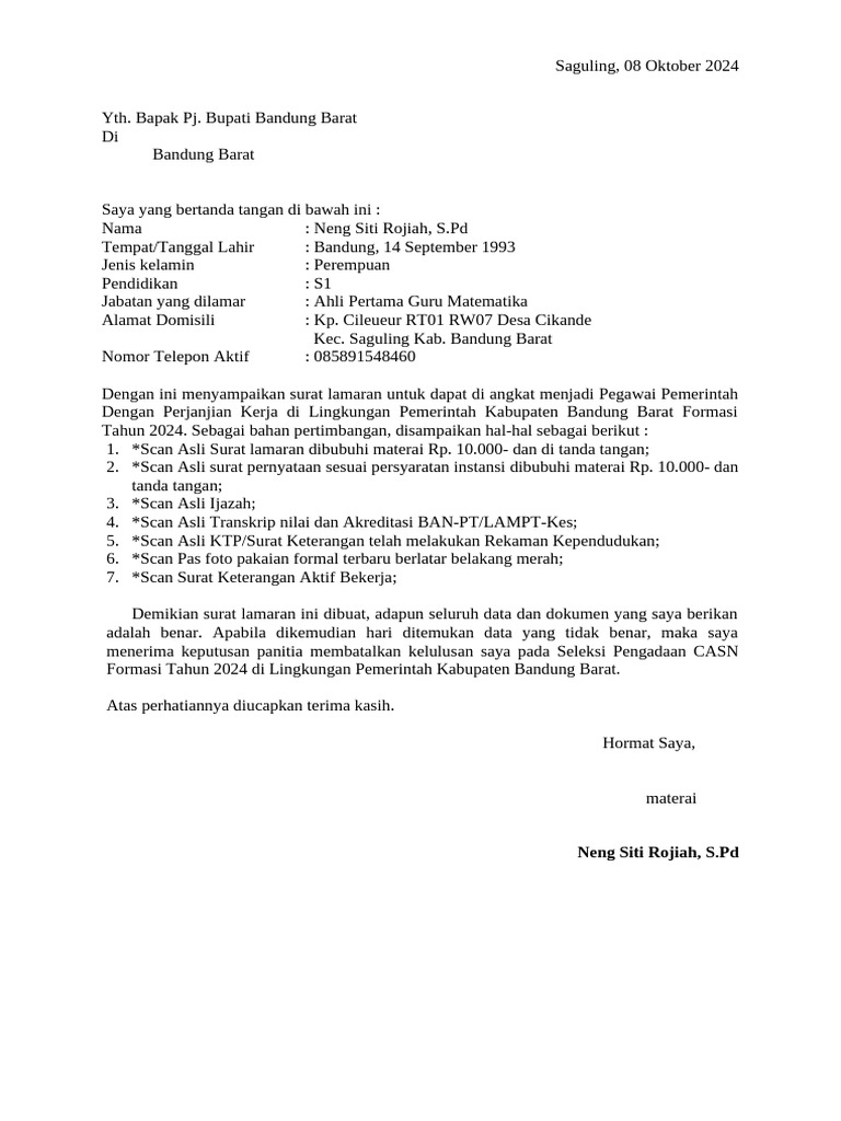 Surat Lamaran Neng Siti Rojiah | PDF