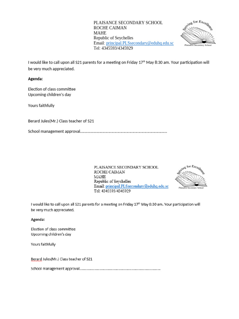 Plaisance Secondary School Letter Head | PDF