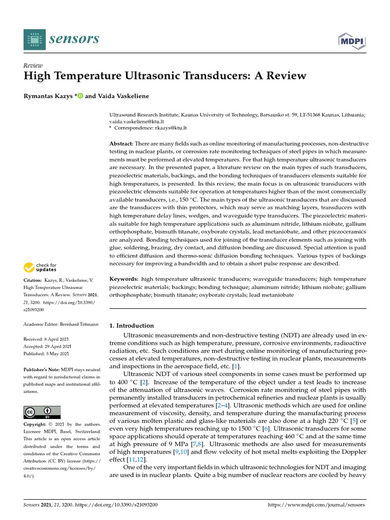 2021 - High Temperature Ultrasonic Transducers A Review | PDF