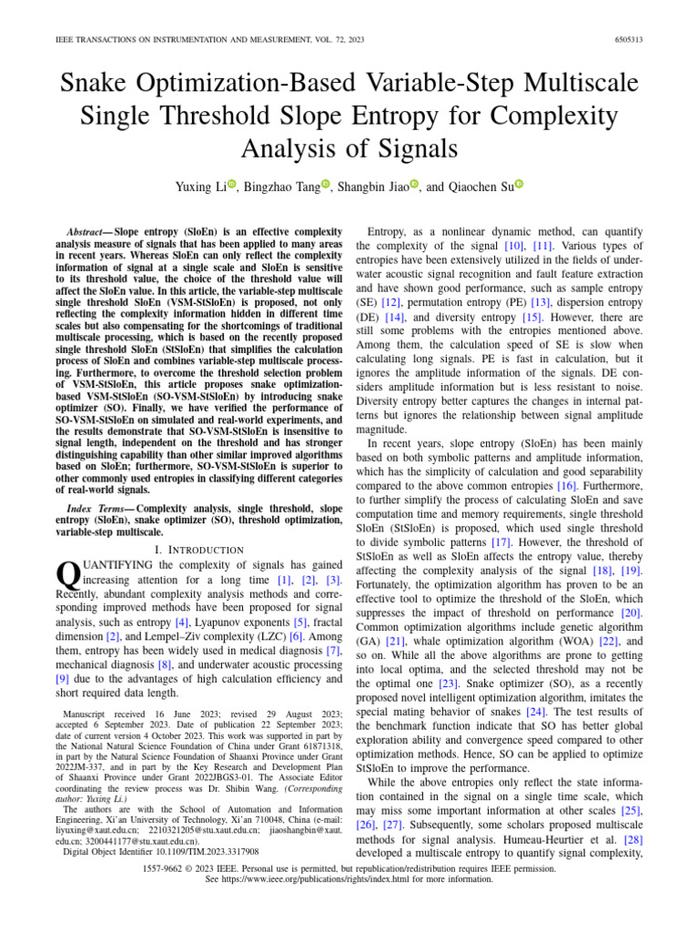 Snake Optimization-Based Variable-Step Multiscale Single Threshold Slope Entropy For Complexity ...