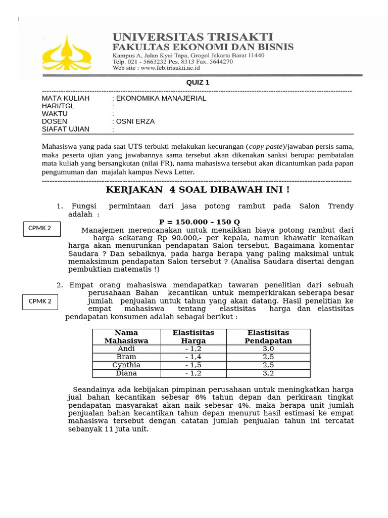 QUIZ 1 - Ekonomika Managerial | PDF