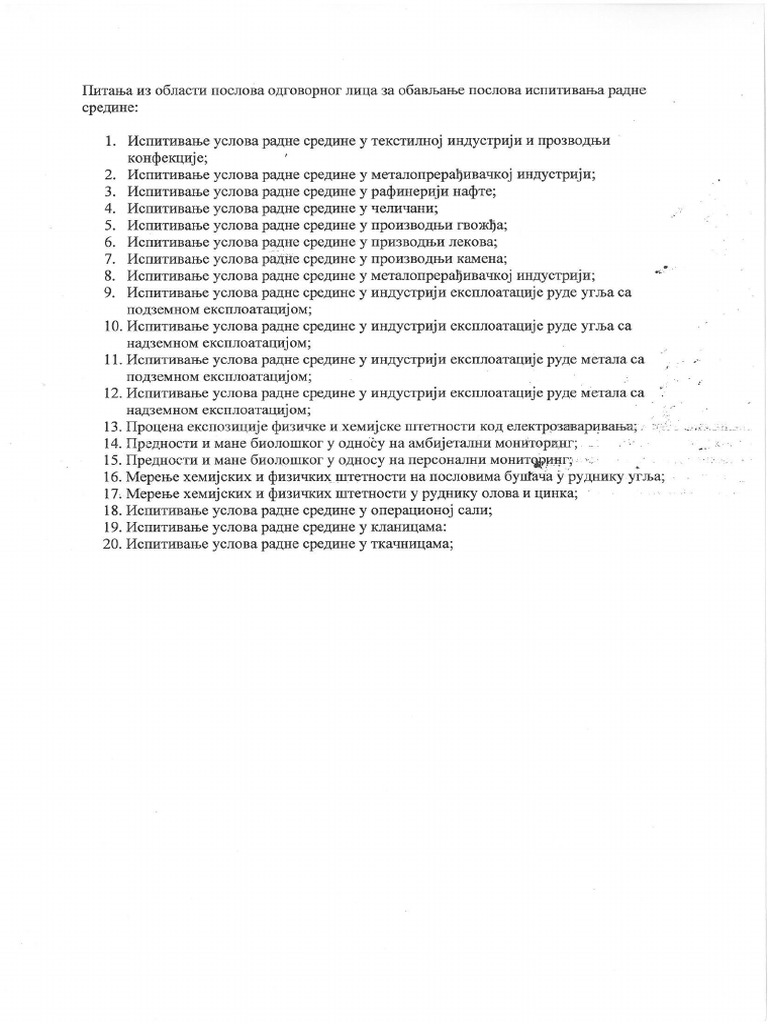 Ispitna Pitanja Za Odgovorno Lice Za Ispitivanje Uslova Radne Okoline | PDF