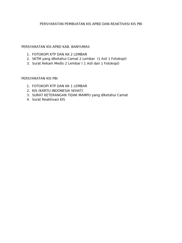 Persyaratan Pembuatan Kis Apbd Dan Reaktivasi Kis Pbi | PDF