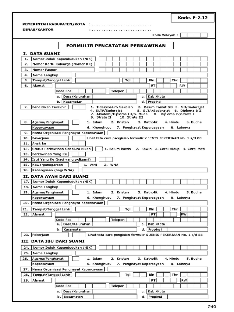 Form Pencatatan Perkawinan Atau Kode F 2 12 | PDF