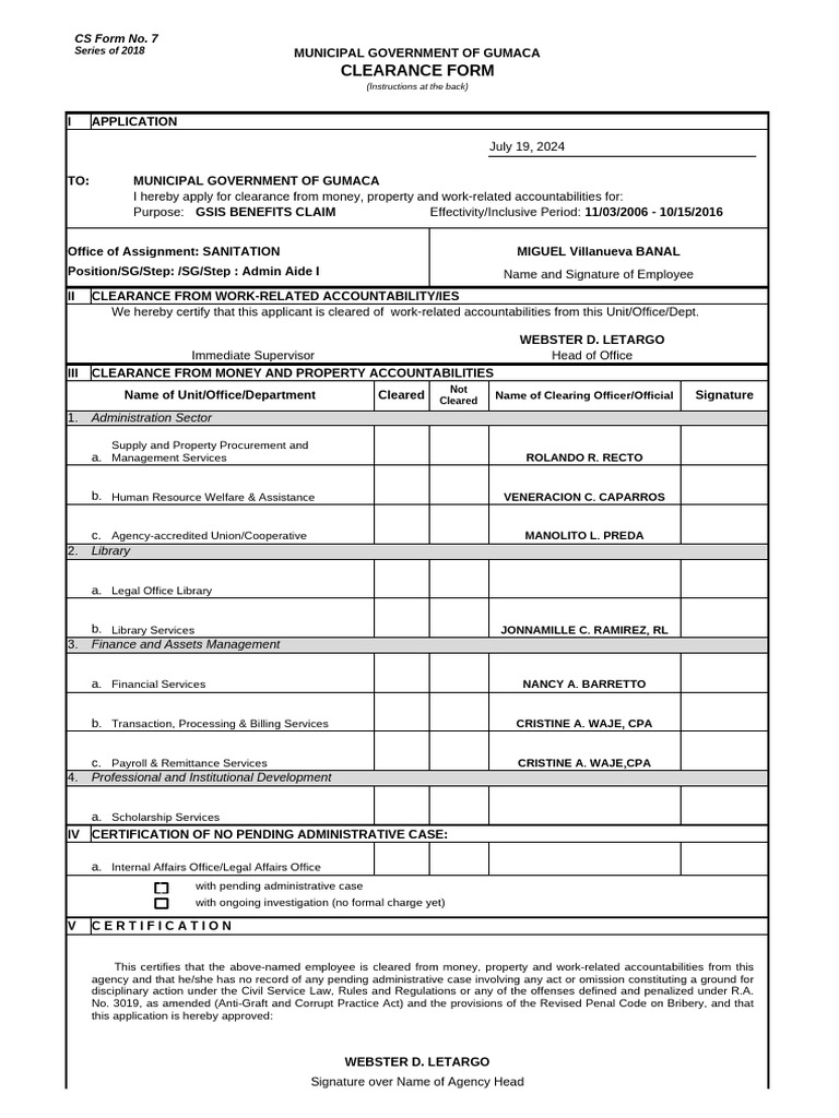 CS Form No. 7 Clearance - BLANK | PDF