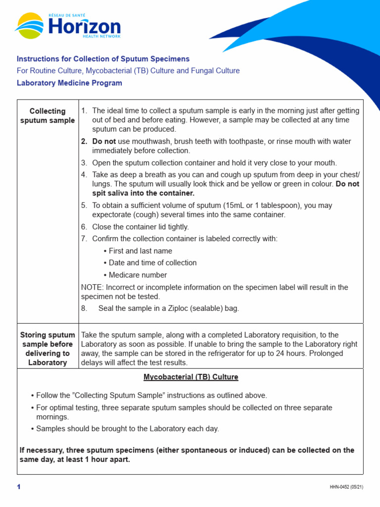 HHN 0452 Instruction For Collection of Sputum Specimen WEB Version 1 | PDF