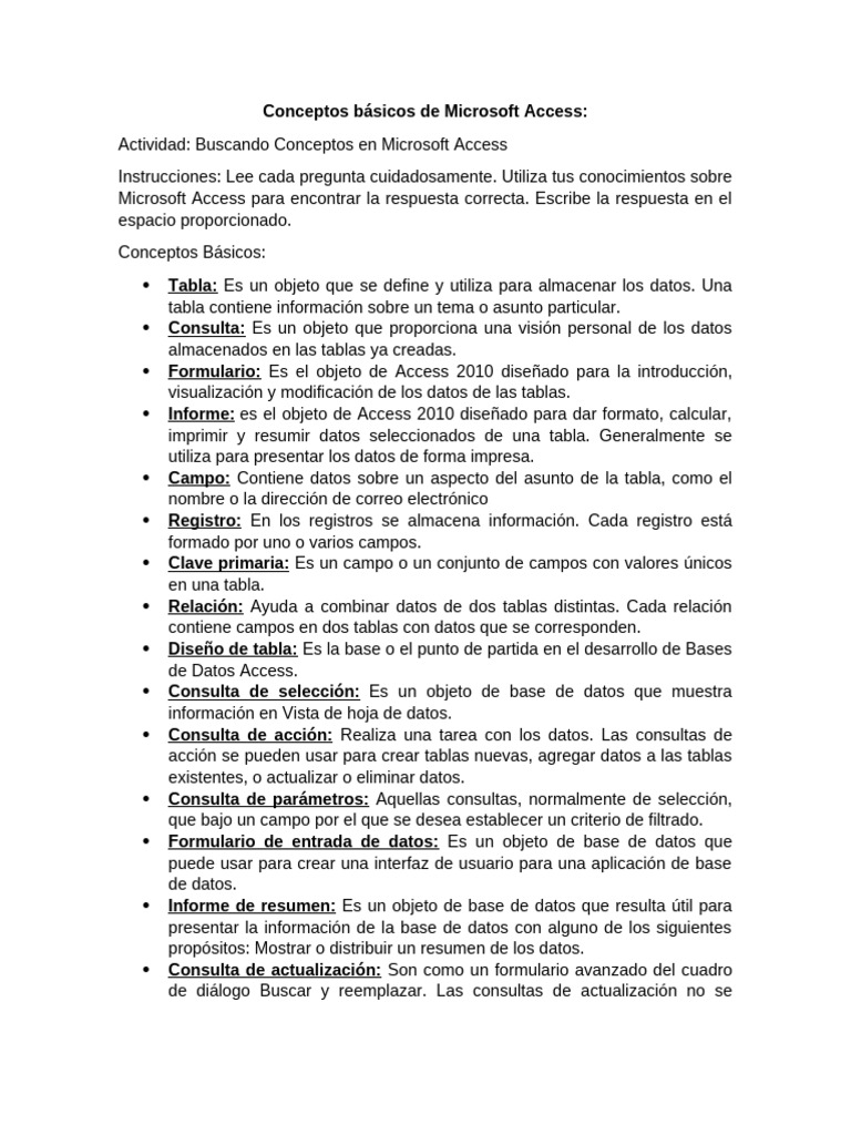 Conceptos y Preguntas Access | PDF | Bases de datos | acceso Microsoft