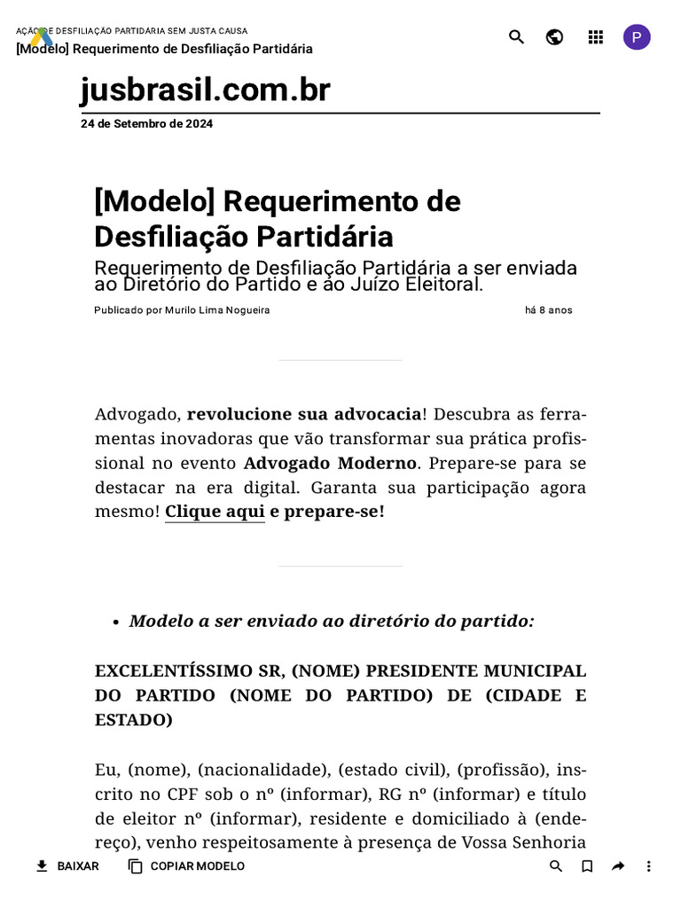 (Modelo) Requerimento de Desfiliação Partidária - Jusbrasil | PDF
