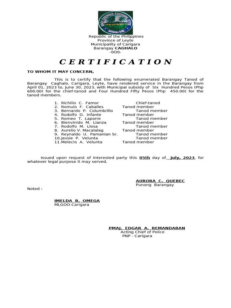 Tanod Certification | PDF