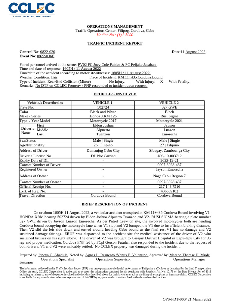 OPS-FDT-020 Traffic Incident Report (Rear End Collision) 081122 | PDF