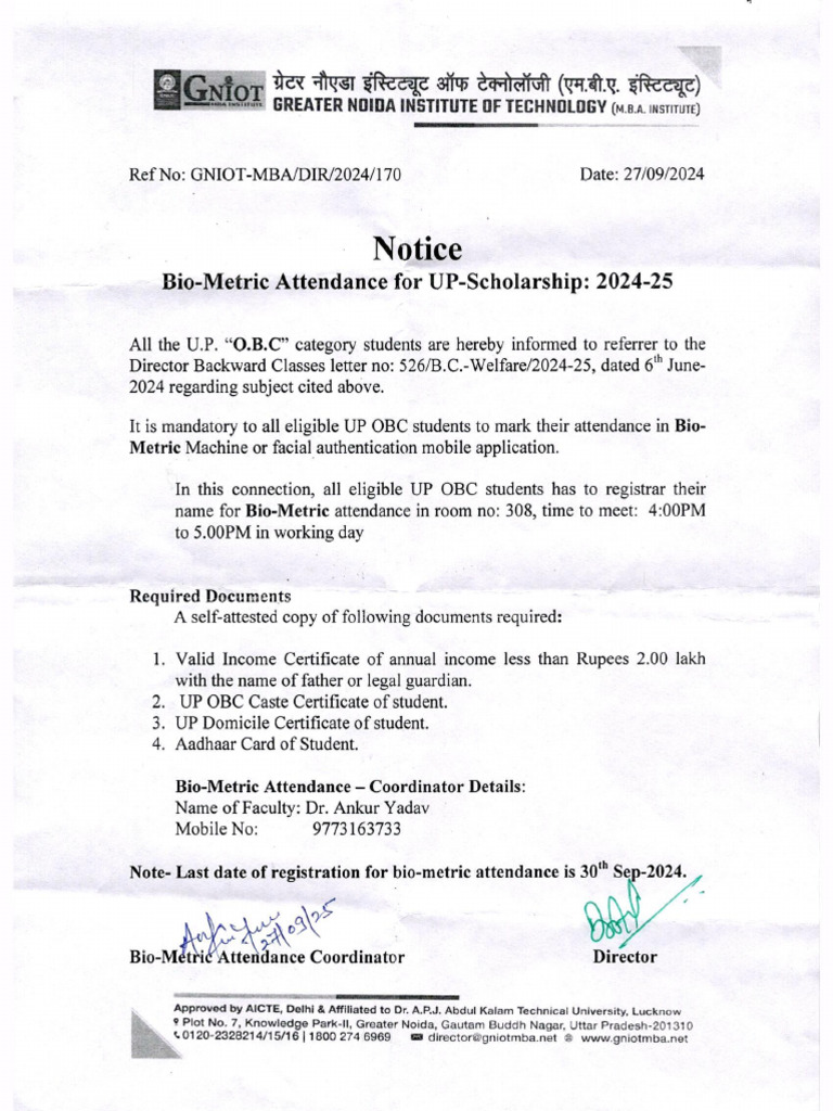 Notice - Biometric Attendance | PDF