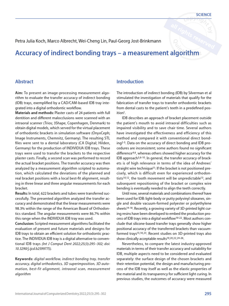 Accuracy of indirect bonding trays - a measurement algorithm | PDF