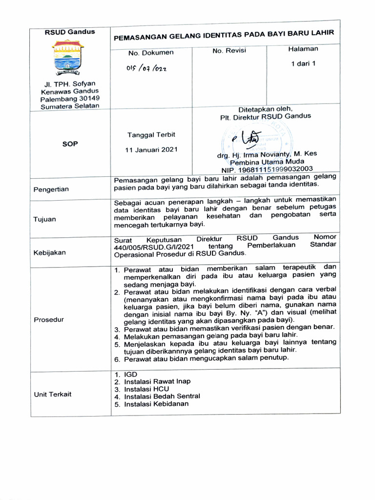 Pemasangan Gelang Identitas Pada Bayi Baru Lahir | PDF