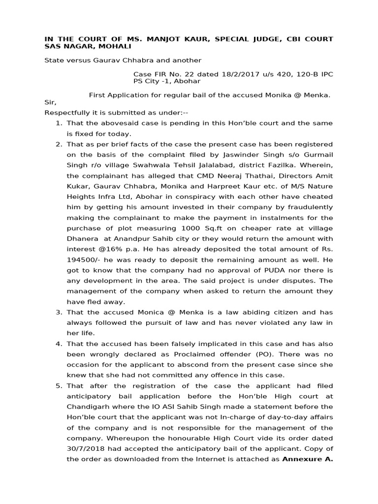 Regular Bail Application Monica. | PDF