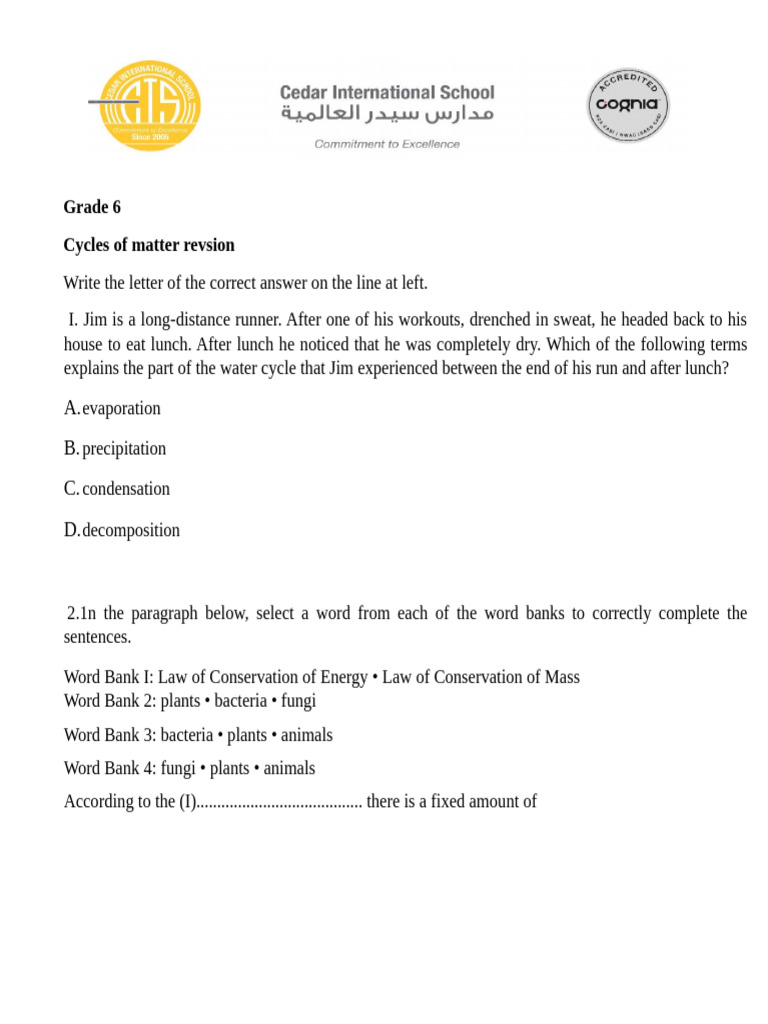 Worksheet Cycles of Matter | PDF