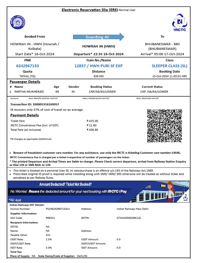 HWH Puri SF Exp Sleeper Class (SL) : Electronic Reserva On Slip (ERS) | PDF