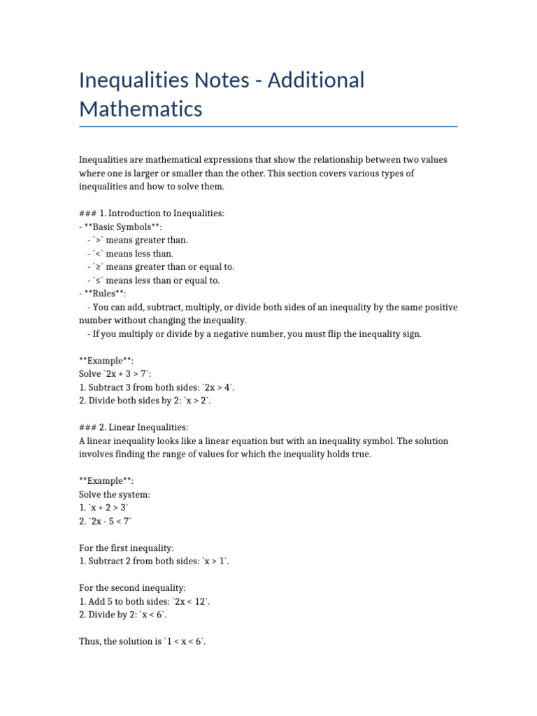 Inequalities Additional Mathematics | PDF