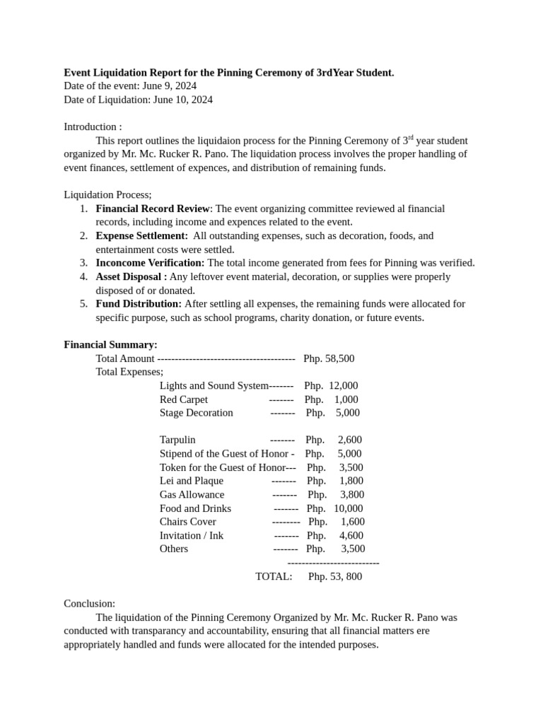 Pinning Ceremony Liquidation Report | PDF | Expense | Business
