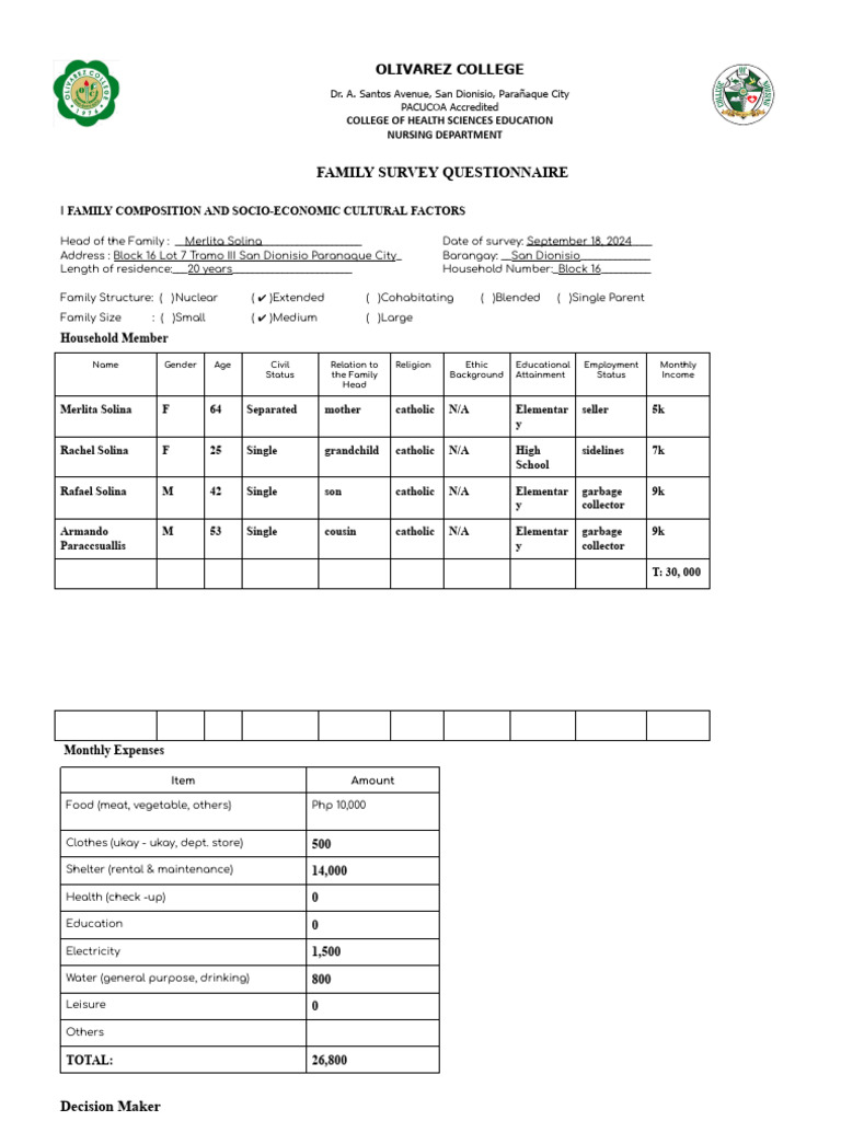 Arlene Delina - FAMILY SURVEY QUESTIONNIARE | PDF