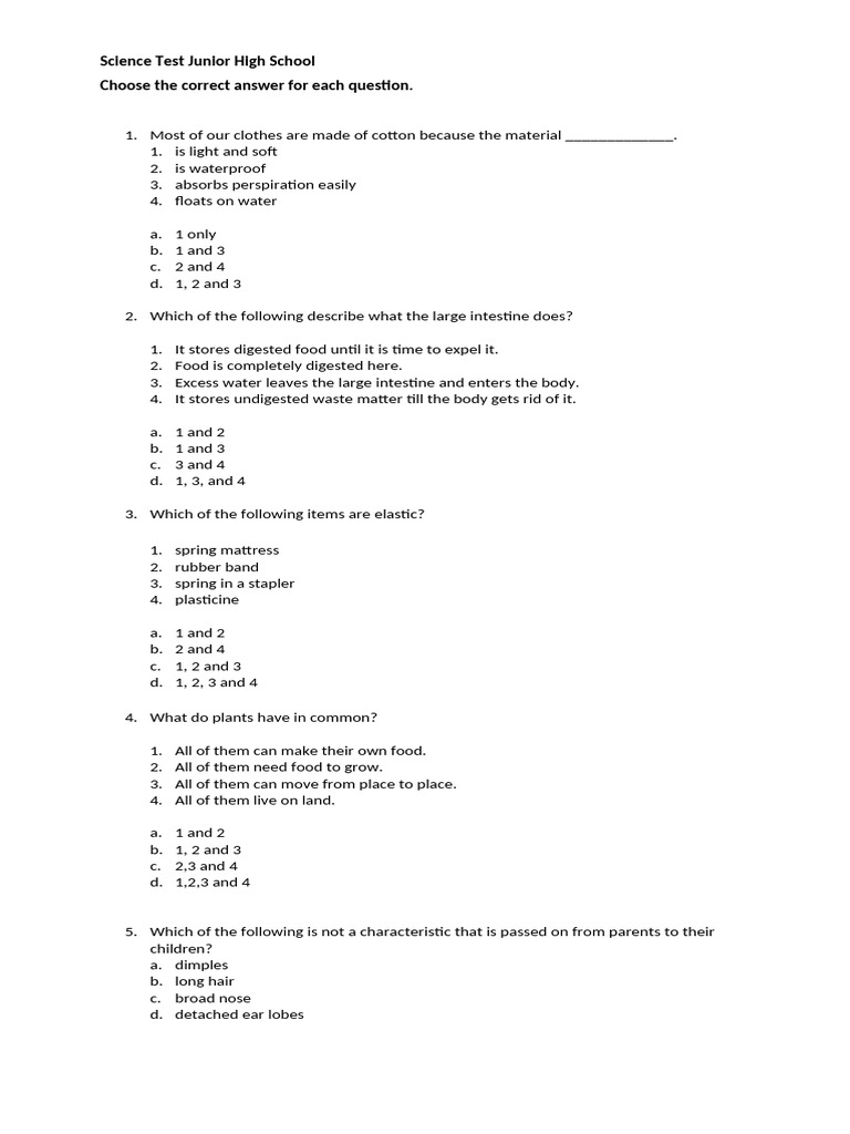 Junior High Science Quiz | PDF | Water