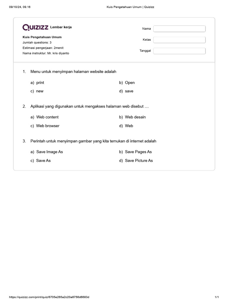 Kuis Pengetahuan Umum - Quizizz | PDF