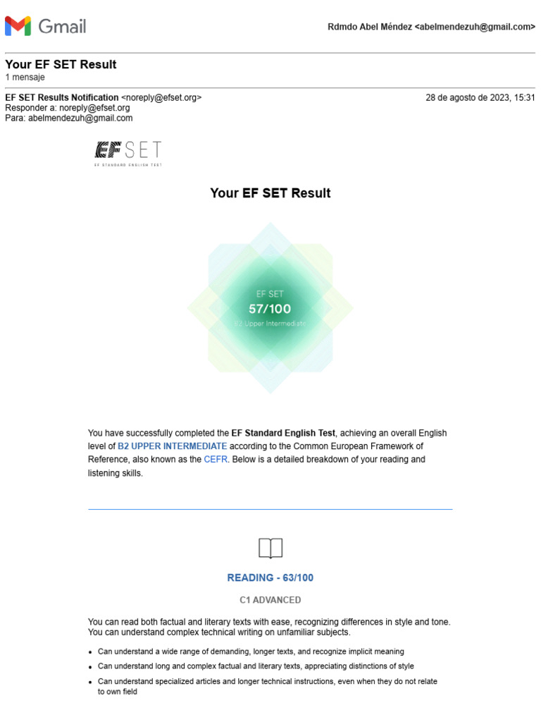 Exámen Inglés 2023 Your Ef Set Result | PDF