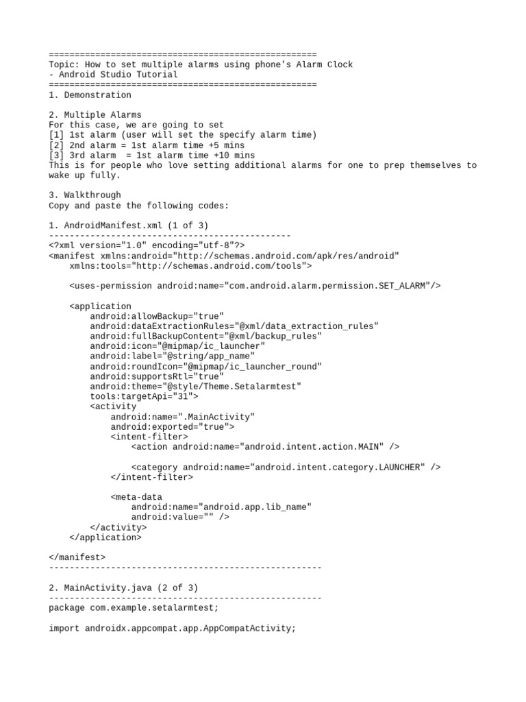 How To Set Multiple Alarms Using Phone's Alarm Clock - Android Studio ...