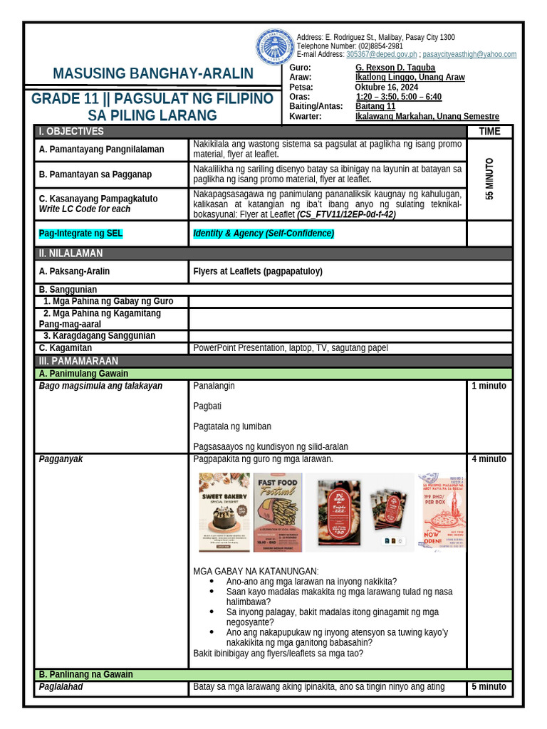 Grade 11 - Pagsulat NG Filipino Sa Piling Larang Masusing Banghay ...