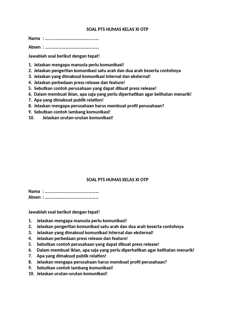 Soal Pts Humas Kelas Xi Otp | PDF