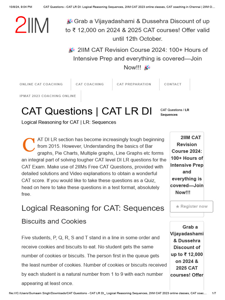 CAT Questions - CAT LR DI - Logical Reasoning Sequences, 2IIM CAT 2023 Online Classes, CAT ...